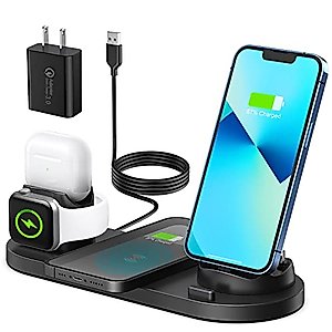 Atrden [Multi-Function Wireless Charging Station] 6 in 1, 15W Fast Wireless Charger for iPhone 14/13/12/11 Series, iWatch 7/6/5/4/3, AirPods and Smartphones (Black)