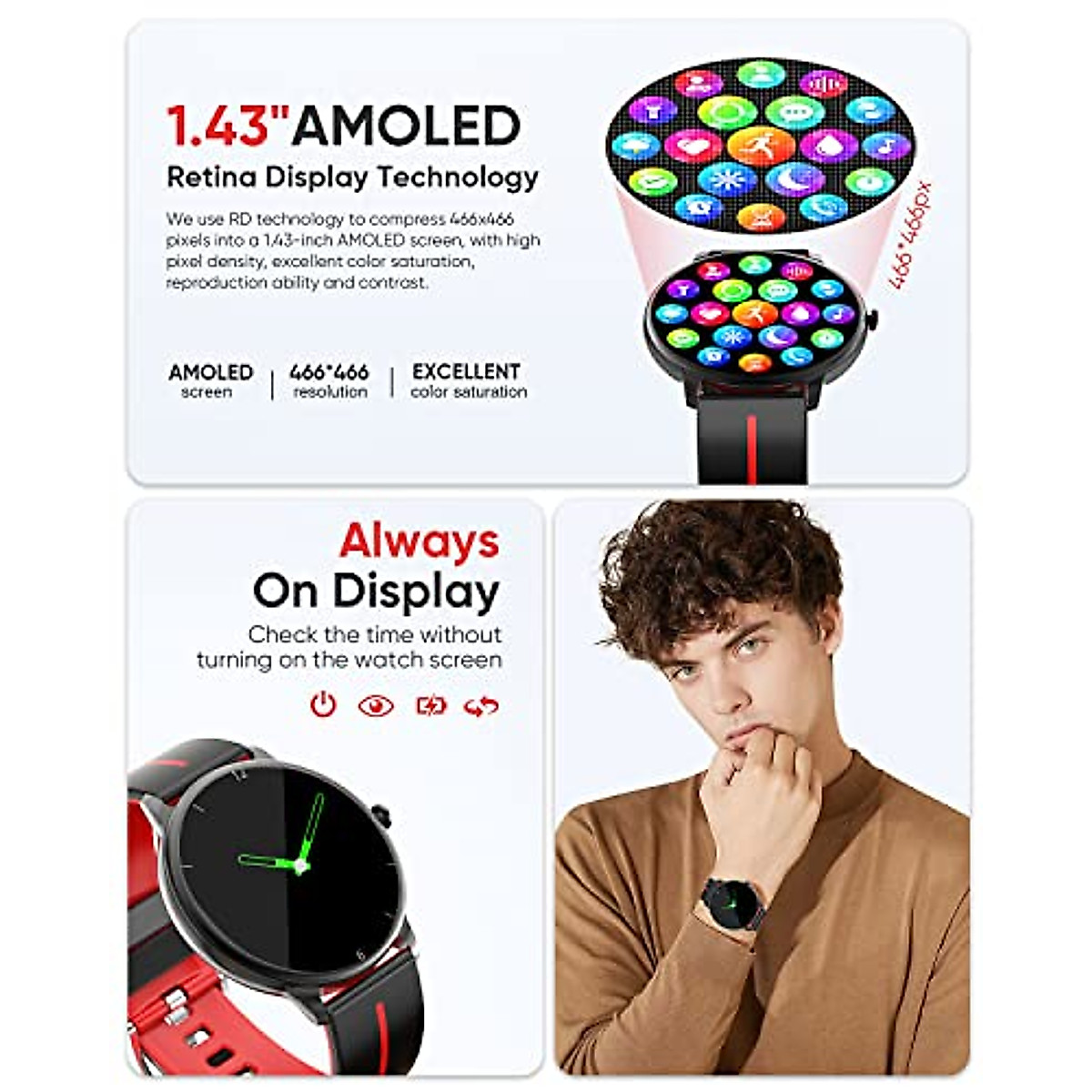 HYSTORM Health Smart Watch (HRV,BG) 1.43" AMOLED Always-on Display Fitness Tracker Watch with Bluetooth Call, 8 Health Apps Blood Glucose Heart Monitor Android iOS Waterproof Smartwatch for Men