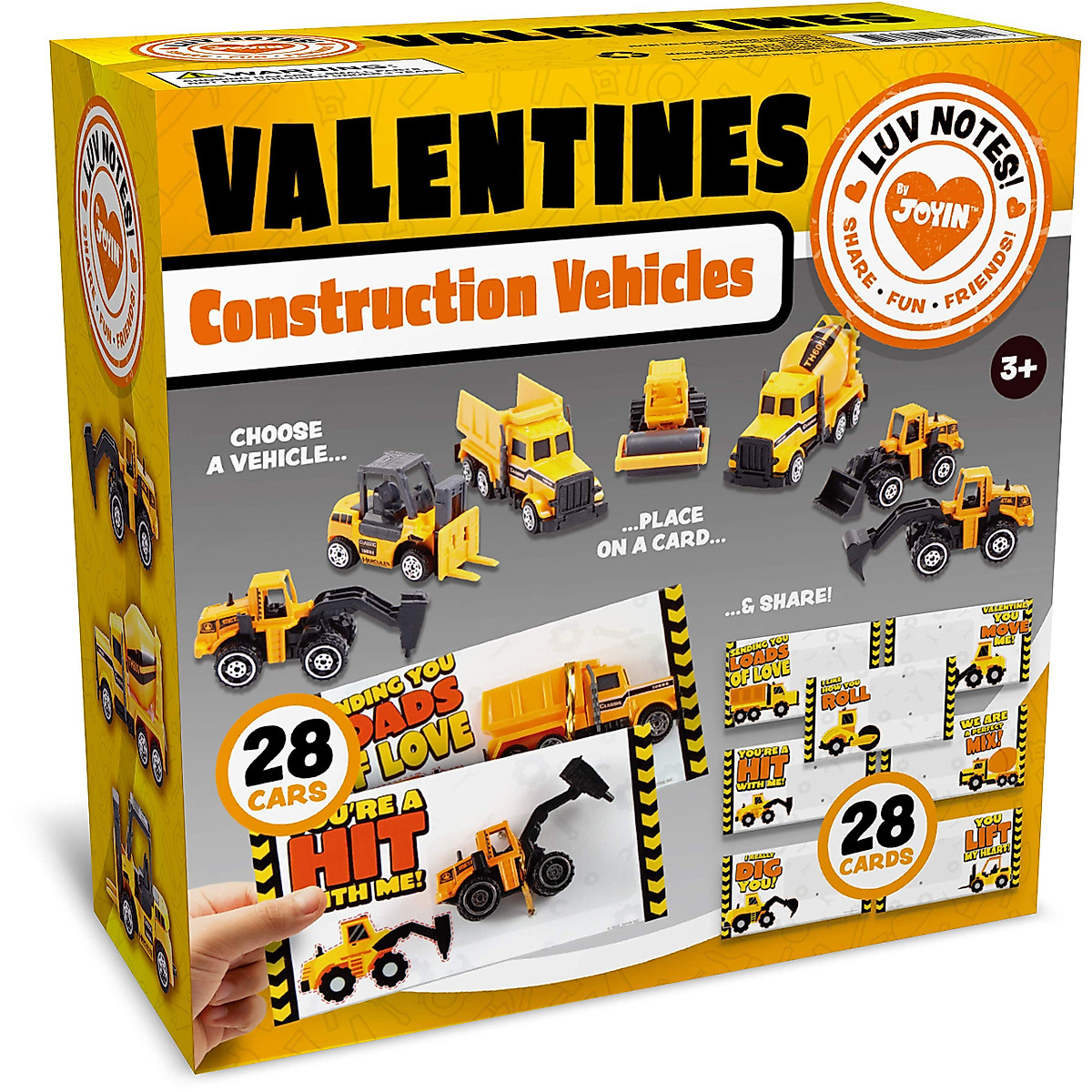 JOYIN 28 Pack Valentines Party Gift Cards with Mini Construction Vehicle Toy Set for Kids Valentine's Classroom Exchange Prizes Valentine Party Favor Toys Including Dump Truck, Excavator and More