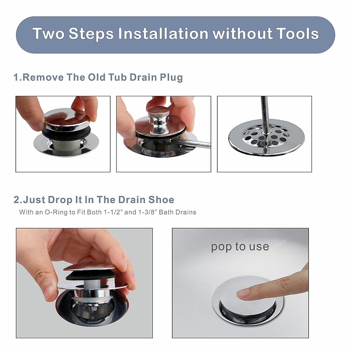 Chrome Plated Universal Tub Dain Stopper, Hidrop Pop Up Bath Drain Tip Toe Bathtub Drain Stopper,Conversion Kit Assembly, Replaces Lift and Turn, Tip-Toe and Trip Lever drains for Tub, EZ Install