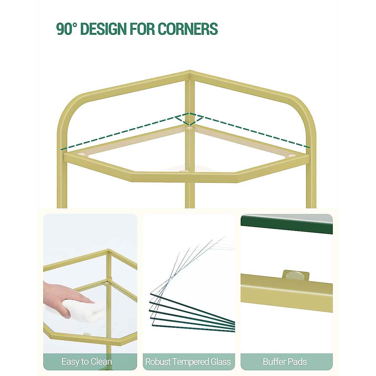 Hzuaneri Corner Shelf Stand, Glass Bookshelf Bookcase, Bathroom Organizer, Plant Stand, Steel Frame, Tempered Glass, Modern Style for Living Room, Bathroom, Kitchen, 4-Tier Golden CS90400G