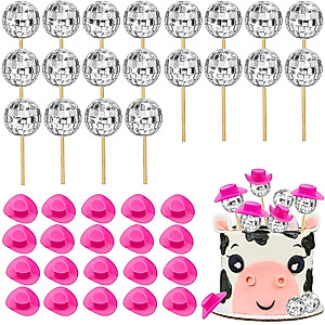 Newmemo Disco Ball Cake Toppers Cowgirl Hat 40PCS Disco Ball Cupcake Toppers Disco Ball Cake Pick Mini Western Cowgirl Hat Cake Decorations for Disco 1970s Theme Bachelorette Birthday Party Supplies