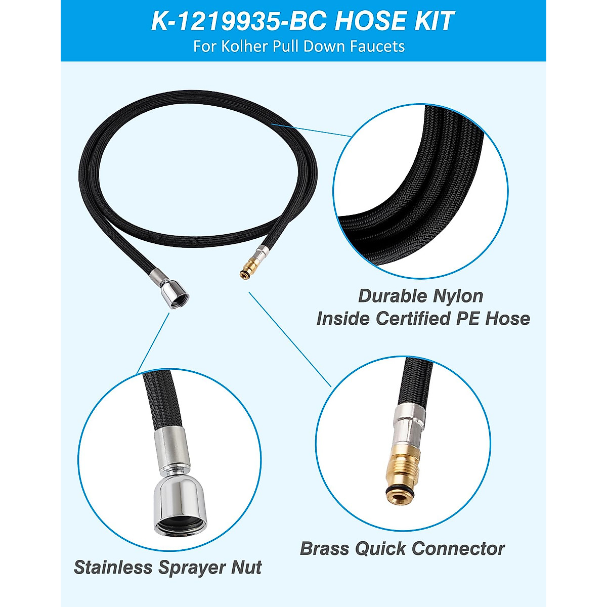 Hygie Rinse K-1219935-BC Hose Kit Compatible with Kohler Pull-down Faucet, Spray Hose Replacement for Pull Down Kitchen Faucets, Pullout Hose Kit Replace to Kitchen Faucet Hose K-1304674-BC, 68 Inches