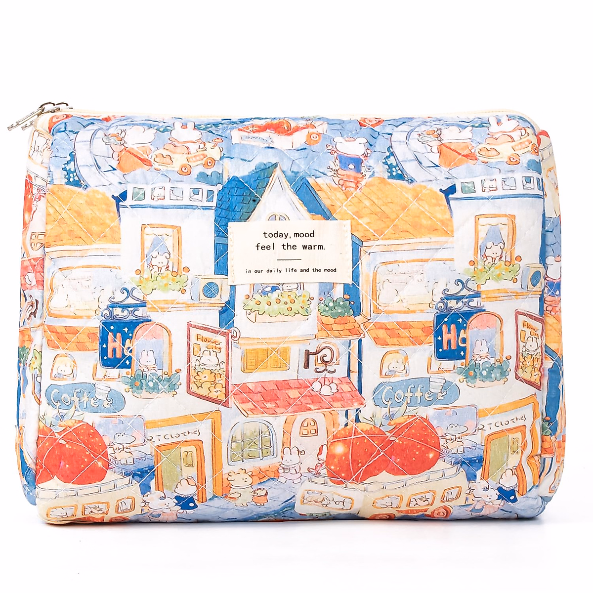 Cotton Quilted Makeup Bag Cut Cosmetic Pouch Large Capacity Flap Handheld Travel Cosmetic Bag Kawaii Coquette Aesthetic Floral Toiletry Bag for Women (Bunny)