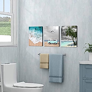 Enartly Beach Canvas Wall Art Coastal Turquoise Pictures Bathroom Decor Trees Paintings Sea Wave Blue Teal Ocean Vocation Bus Artwork Framed for Bedroom Living Room Dinning Room Decor 12"x16"x3 Panels