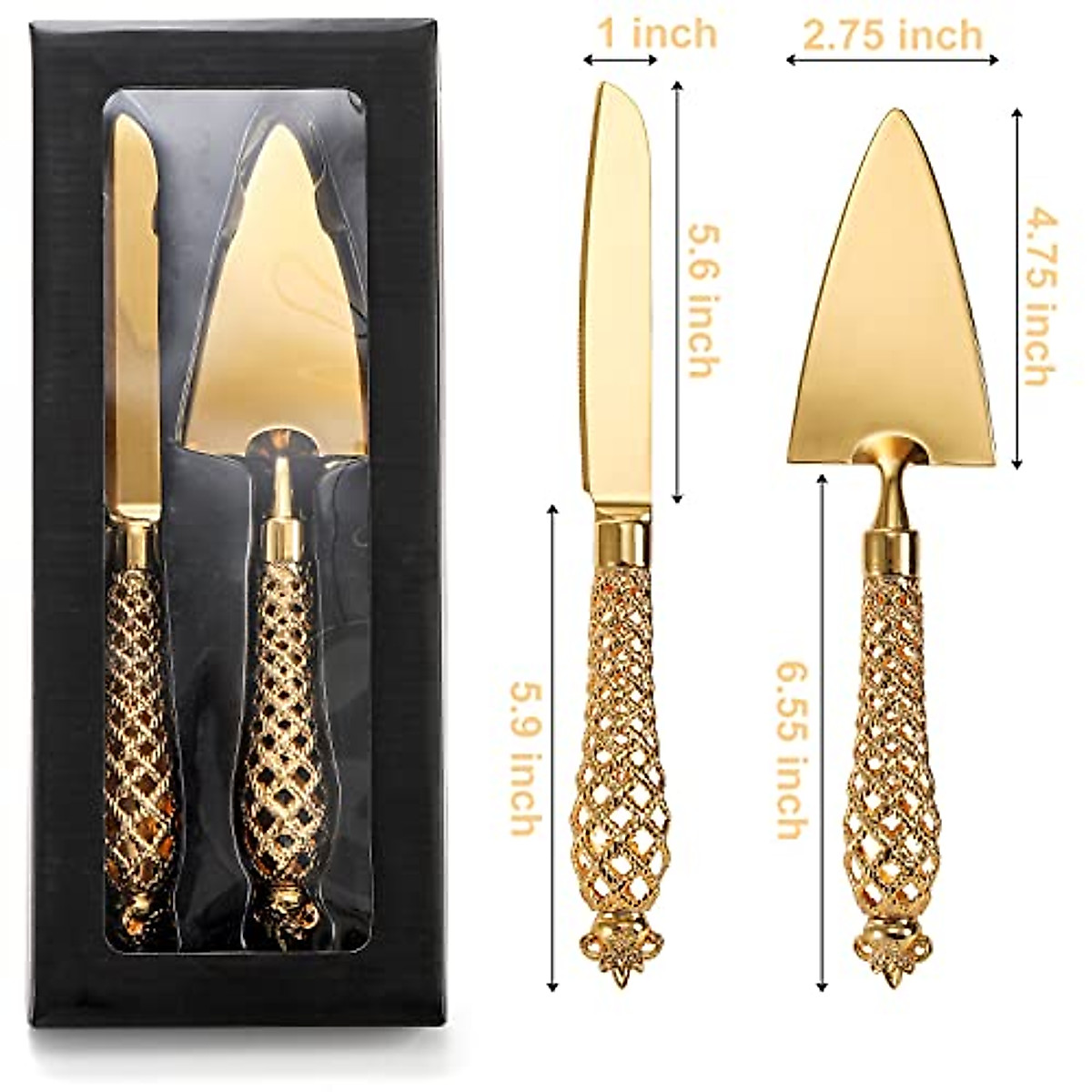 yarlung Gold Cake Knife and Server Set, Elegant Wedding Cake Cutting Serving Set with Luxurious Handle, Pie Cutter Spatula Utensils for Birthday Party Events, Valentine's Day Gift