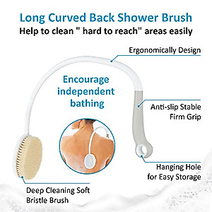 FULLOFJOY Back Bath Brush Long Handle for Shower, Curved Back Scrubber for The Elderly, Disabled, Limited Mobility, U-Shaped Body Shower Brush for Man and Woman, 27.56” Length