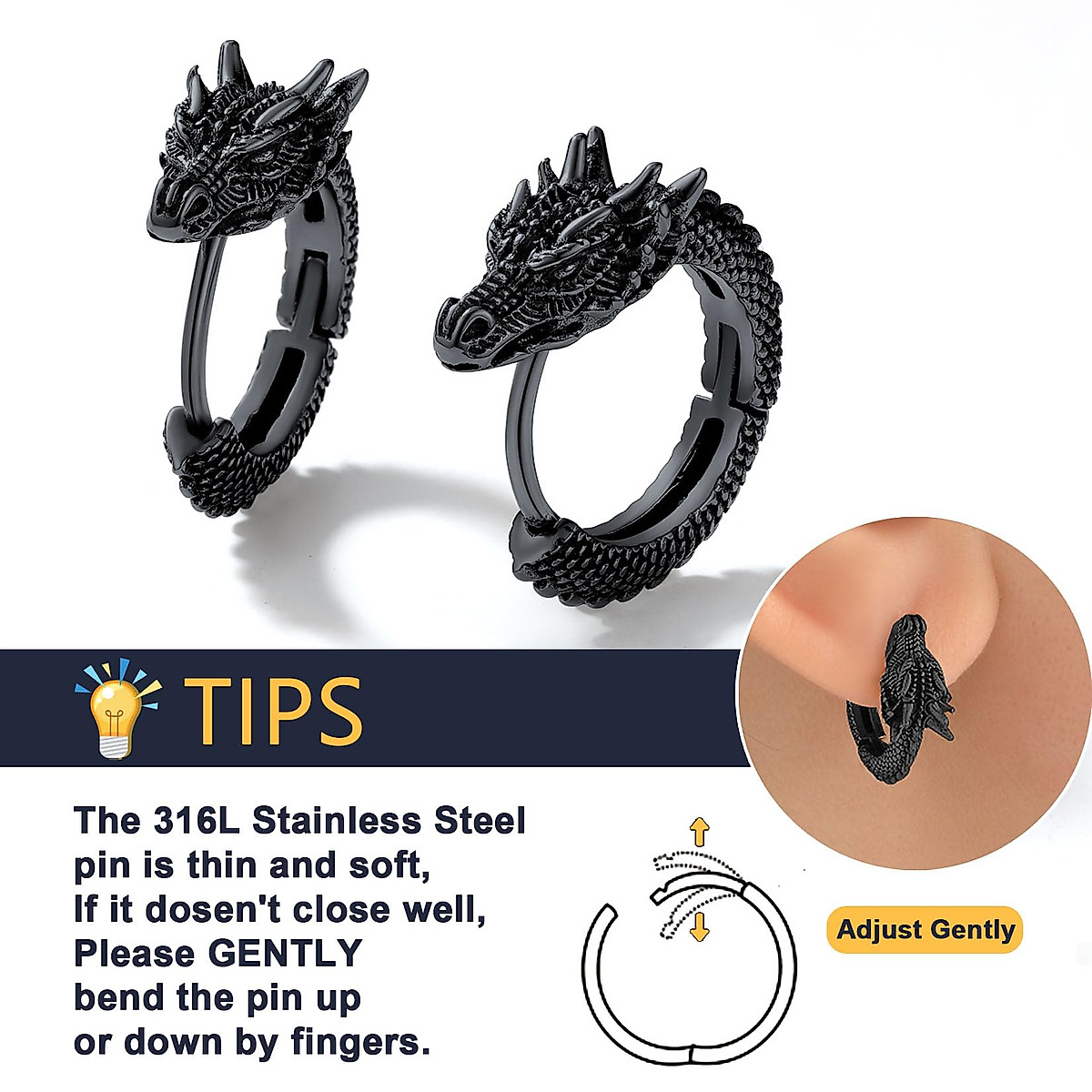 U7 Dragon Earrings Black Metal Plated Huggie Hoops Punk Rock Animal Earrings for Men Women