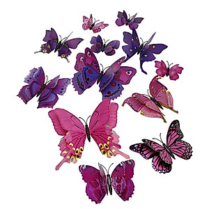 Tupalizy 12PCS Double Wings 3D Butterfly Wall Stickers Decals DIY Art Crafts Decorations for Windows Refrigerator Boys Girls Bedroom Classroom Bathroom Home Office Birthday Party (Purple)