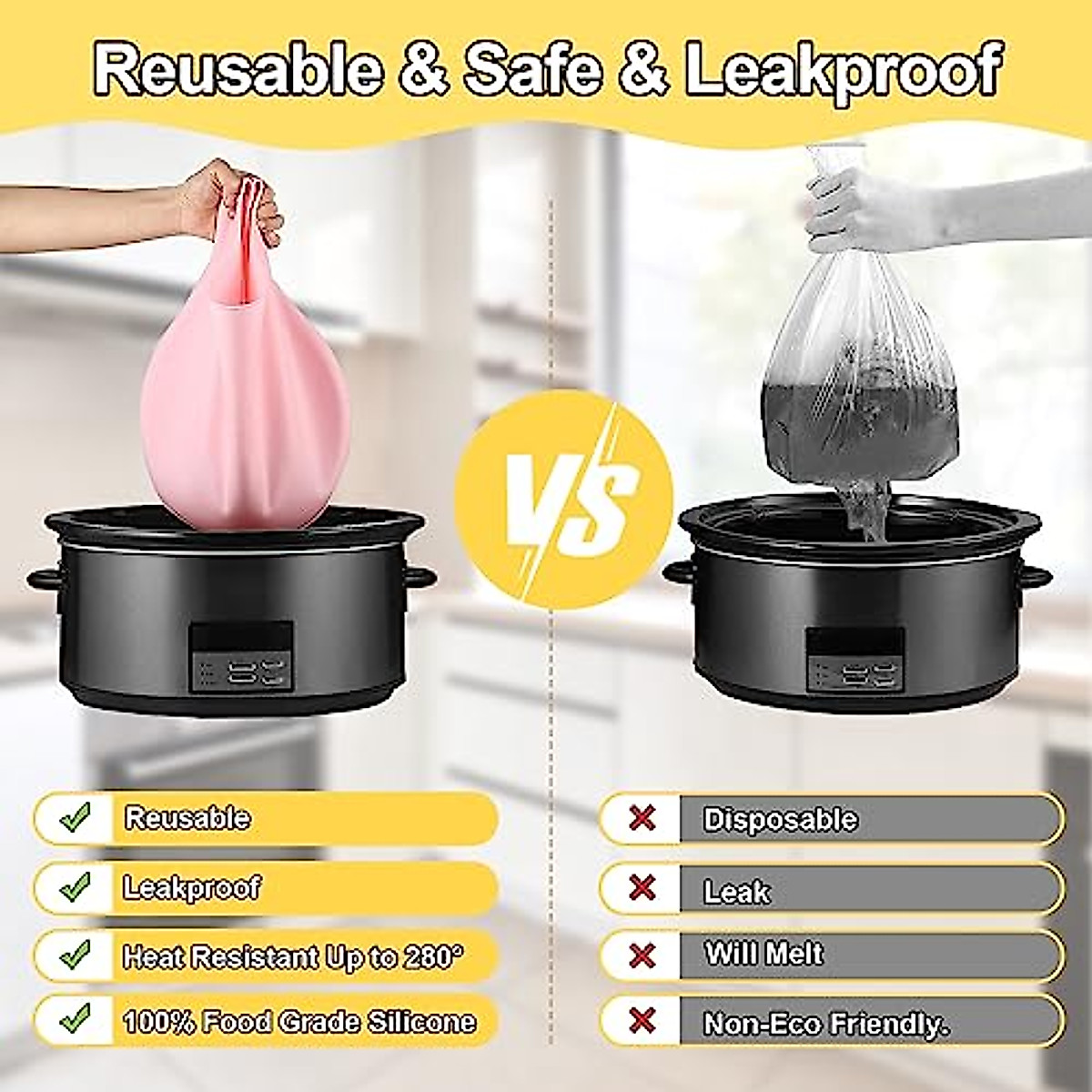 KAKALGAME 3 Pack Slow Cooker Liners,Reusable Silicone Slow Cooker Liners,Compatible with Crockpot 6-8 Quarts Oval or Round Pots - Safe Food Grade Silicone, Heat-resistant, Leakproof and Dishwasher