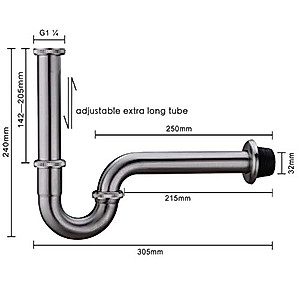 Orhemus Brass P Trap, 1 1/4 Bathroom Basin Sink Waste Trap Drain Kit with Flange and Slip Joint Extension Tube Drain Tailpiece, Adjustable Height, Brushed Nickel Finish