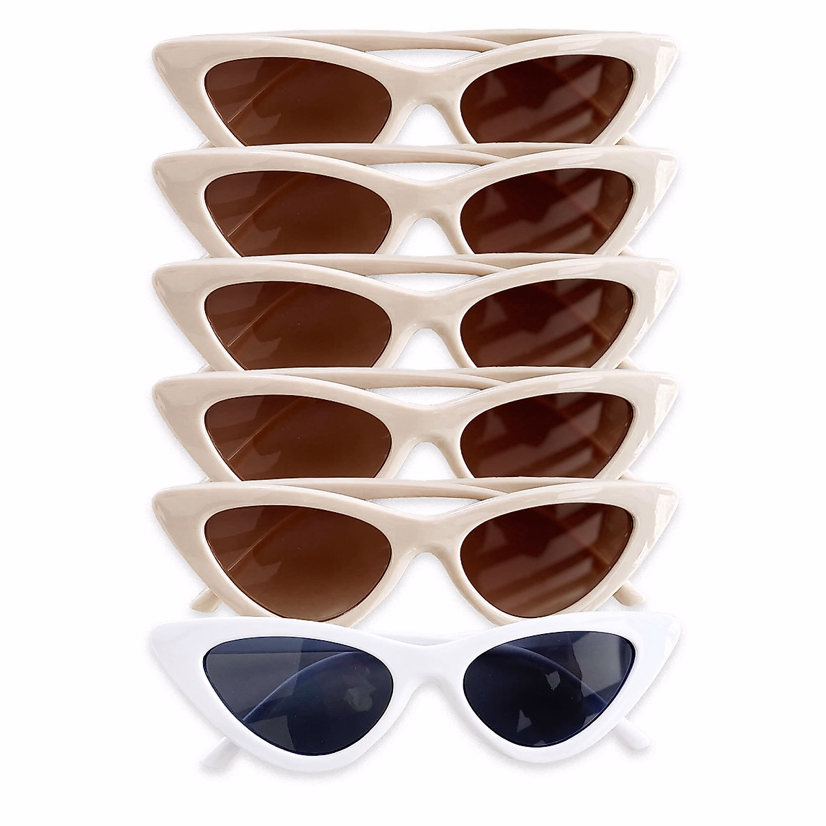 ModParty Cat Eye Sunglasses | SET OF 6: 1 White + 5 Beige | Bachelorette Party Sunglasses | Bride and Bridesmaid Matching Sunnies | Retro Eyewear | Party Favors