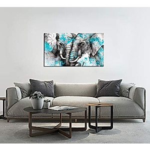 Zlove Large Animal Canvas Wall Art Elephant Couple in Love Boho Decor Mandala Elephant Grey and Teal Artwork for Bedroom Modern Home Decor Stretched and Framed Ready to Hang 20x36inch