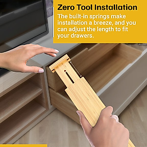 Bamboo Drawer Divider & Organizers (Pack of 6) - Drawer Separators for Kitchen, Office, Bedroom, Dressers & Bathroom - Spring Loaded Adjustable Drawer Organizers & Splitter