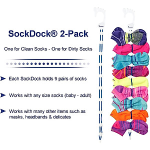 SockDock Sock Laundry Solution for Washing Drying & Storing Socks in Pairs, Clip & Hold Small & Long Socks in Washer Dryer & Closet, 2-Pack (Dark Blue)