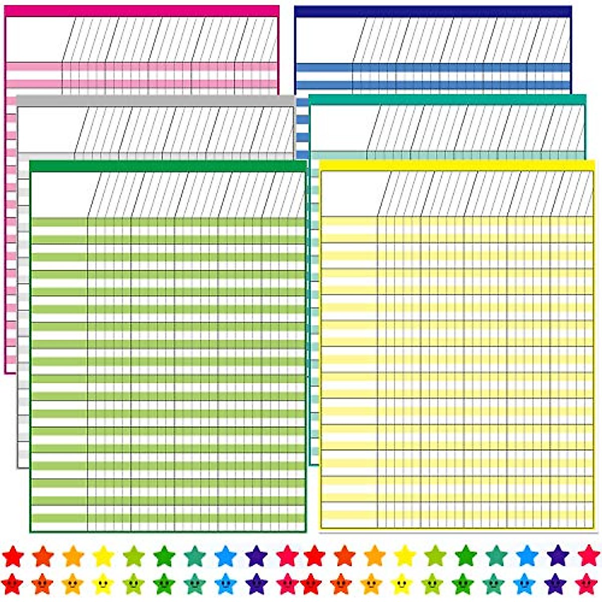 Youngever 6 Pack Multi-Color Laminated Dry Erase Incentive Chart with 120 Reward Star Stickers for Chore Responsibility, School Attendance, Homework Progress Tracking Chart (17 Inch x 22 Inch)