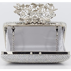 MagicLove Womens Evening Bag with Flower Closure Rhinestone Crystal Clutch Purse for Wedding Party Silver