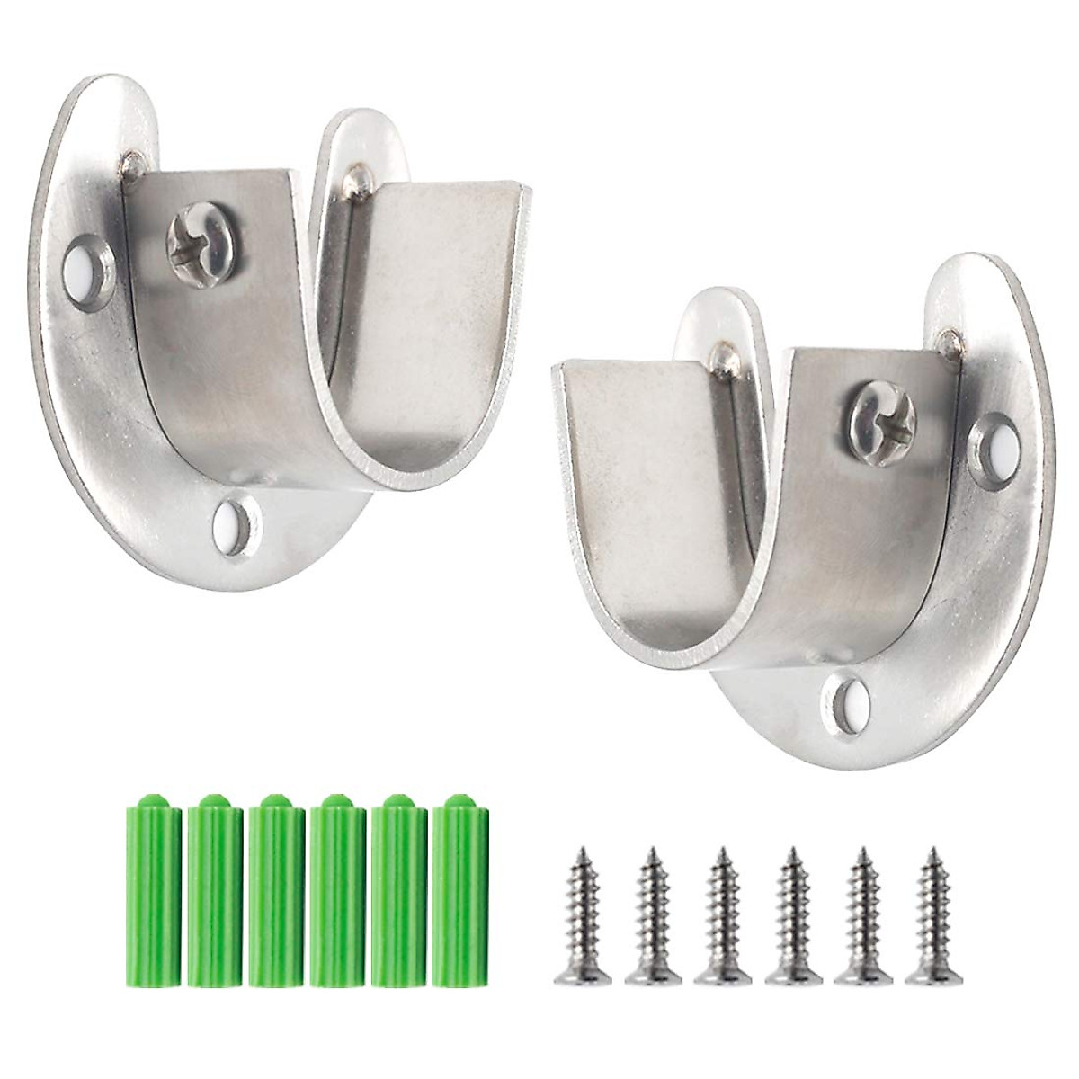 Seimneire 2pcs Heavy Duty Stainless Steel Rod Socket, Wardrobe Bracket Flange Rod Holder Closet Rod End Supports Fit 1" Diameter, U Shaped - Silver