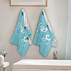 Cute Easter Bunny Bottom Bath Hand Towels Blue Wooden Board Guest Fingertip Towel 2 Pack for Bathroom 14x28 in, Soft Multipurpose Decorative Kitchen Dish Towels Set Washcloth for Beach Spa Gym Sport