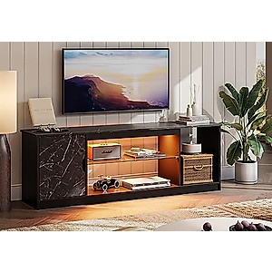 Bestier LED TV Stand for PS5,Modern Gaming Entertainment Center with Cabinet for 60/65 Inch TV,Easily Assemble TV Corner Console with Adjustable Glass Shelf for Living Room Bedroom Black Marble