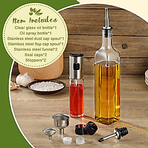 Olive Oil Dispenser 17 OZ and Oil Sprayer for Cooking - Vinegar Cruet Bottle Set for Kitchen - Glass container with Drip-Free Stainless Steel Spout - Oil Mister for Air Fryer, Salad