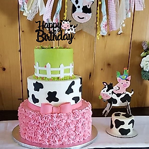 1 PCS Cow Happy Birthday Cake Topper Glitter Farm Animals Birthday Cow Cake Pick Decorations for Cow Theme Baby Shower Kids Boys Girls 1st Birthday Party Cake Decorations Supplies