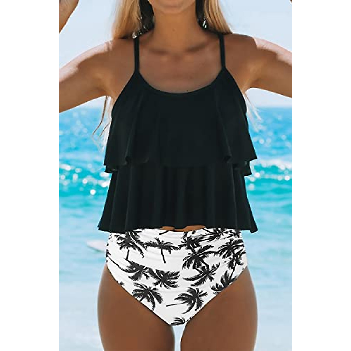 Beachsissi Tankini Bathing Suit Leaf Print High Waisted Tummy Control 2 Piece Swimsuit, Leaf, M