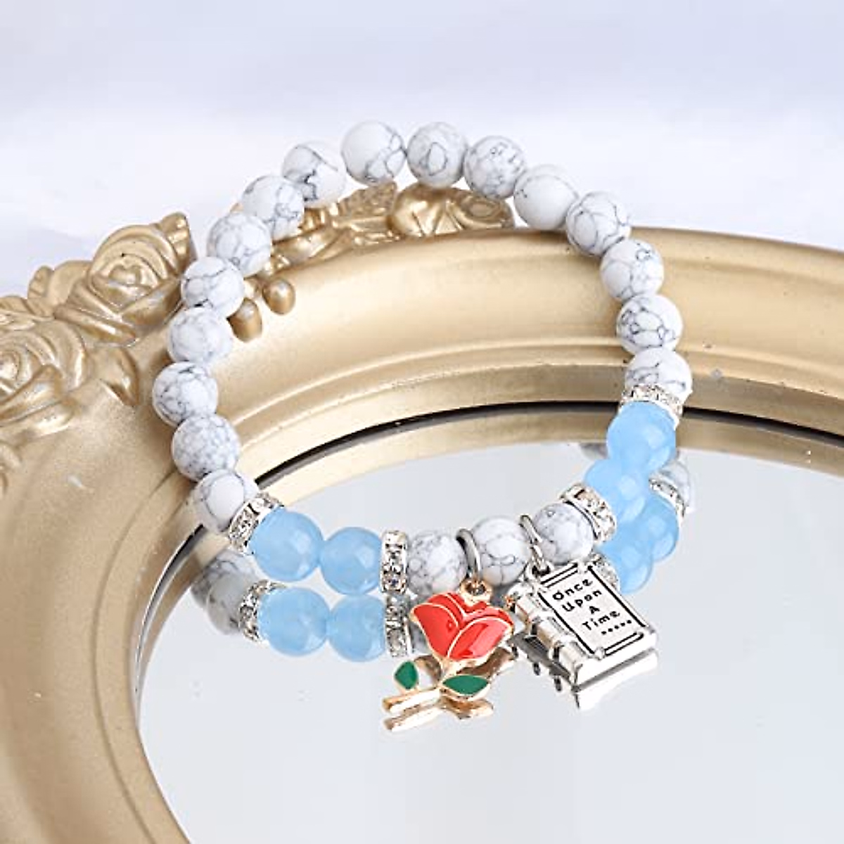 MYOSPARK Beauty And The Bracelet Belle Rose Inspired Gift Rose Flower Bracelet Princess Bracelet Movie Fans Gift (Beauty Rose bead BR)