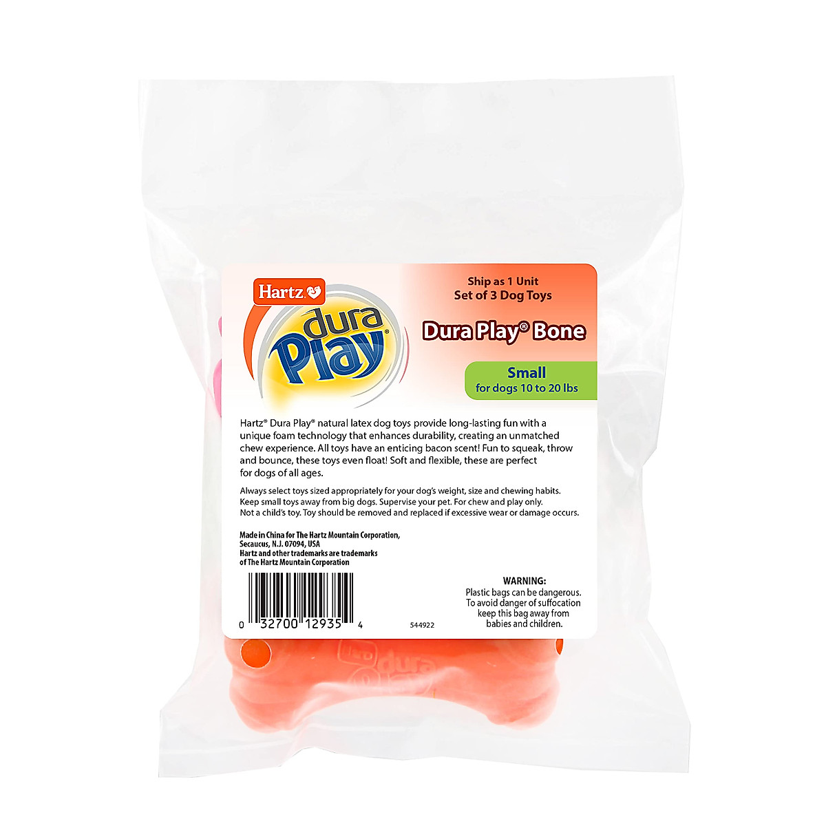 Hartz DuraPlay Bone Squeaky Latex Dog Toy for Small Breeds, 3 Pack