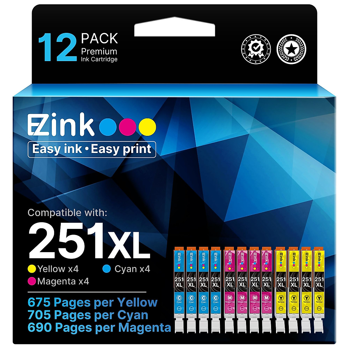 E-Z Ink (TM) Compatible Ink Cartridge Replacement for Canon CLI-251XL CLI 251 to use with PIXMA MX922 IP7220 MG5520 MG5420 IX6820 IP8720 MG7520 MG6320 Printer (4 Cyan, 4 Magenta, 4 Yellow, 12 Pack)