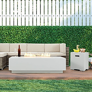 ECOTOUGE 2-Piece 56" Outdoor Rectangle Propane Fire Pit Table with Tank Holder, 50,000 BTU Concrete Fire Table with Weather-Resistant Pit Cover, Auto-Ignition, Free Lava Rocks, Fits 20lb Tank, White