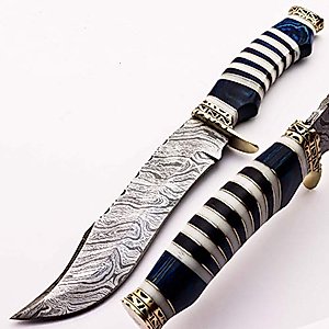 Skokie Knives Custom Hand Made Damascus Steel Hunting Knife Handle Original Camel Bone with Brass Spacer and Pakka Wood A Perfect Grip for Hunters