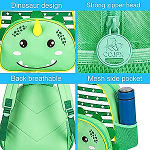 FTJCF 3PCS Toddler Backpack for Boys, 12" Dinosaur Kindergarten Bookbag, Preschool Kids School Bag with Lunch Box - Green