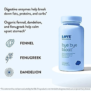 Love Wellness Bye Bye Bloat, Digestive Enzymes Supplement - 60 Capsules - Bloating & Gas Relief - Helps Reduce Water Retention & Overall Digestive Health - Safe & Effective With Fenugreek, & Dandelion