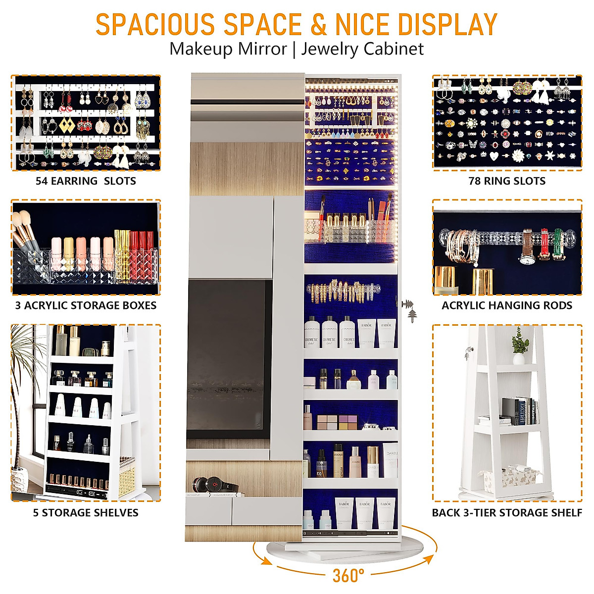 LVSOMT 360° Swivel Jewelry Mirror Cabinet with Lights, Standing Jewelry Armoire Organizer, 63" Rotatable Full-Length Mirror with Jewelry Storage, Lockable with Back Storage Shelve, White