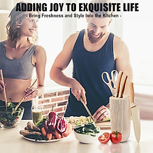 Gulymm Kitchen Knife Set, 6 Pcs Sharp Knife Set for Kitchen, Anti-Rust Stainless Sharp Knife Set with Universal Knife Block, Knife Set Contains Round Knife Storage, Knives, Scissors for Kitchen (Khaki