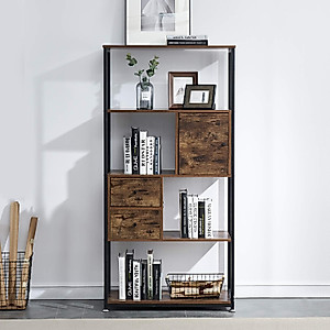 VECELO Bookshelf/Bookcase,Open Book Shelf with Middle Drawers Storage Organizer for Living Room,Home Office