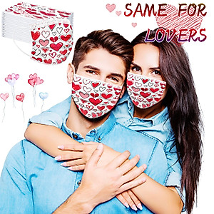 Wtosuhe 50PC Adults Valentines Day Disposable FaceMasks with Pink Black Love Heart Designs, 3-Ply Holiday_ Mask with Nose Wire for Women Men