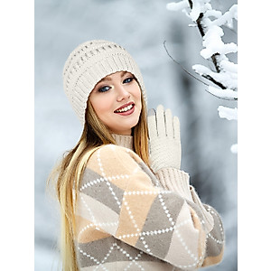 KUTTOR 6 Pieces Winter Knitted Beanie Hats Gloves Set Warm Cozy Skull Ski Cap Touchscreen Knitted Gloves for Women