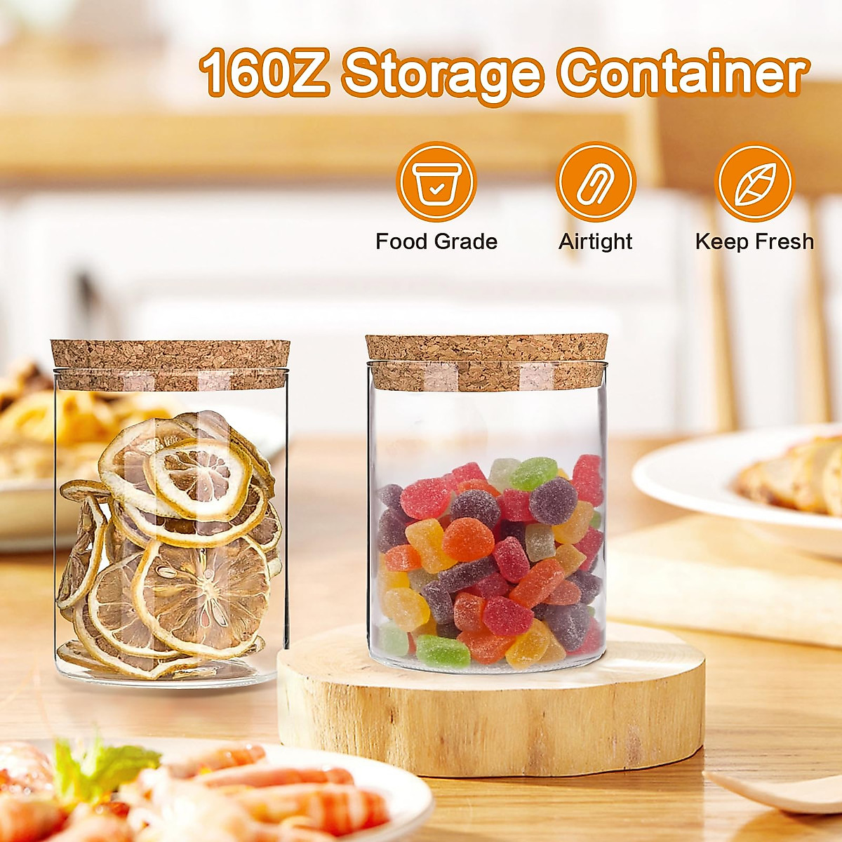 DNIENKGE Airtight Glass Storage Containers with cork Lid, for Kitchen Pantry Organization and Storage jar，Ideal for Coffee Beans Snacks Flour Cereal Sugar Tea 16oz. (Circular 3.9 * 3.3in*2pcs)