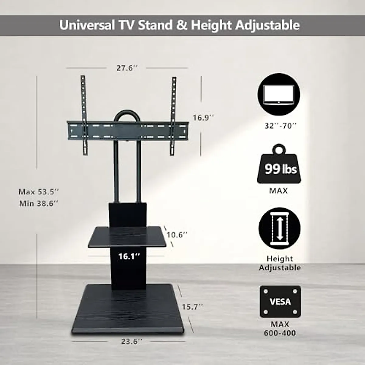 Usumairu TV Floor Stand TV Stand with Sturdy Wood Base,Angle and Height Adjustable Swivel TV Mount Stand with Media Shelf for 32-70 Inch Flat Screen TV for Bedroom Living Room (Black)