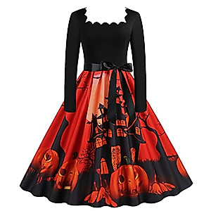 QUFECH Halloween Costumes For Women, Alice In Wonderland Costume Adult Women Maleficent Costume Kids Plus Size Bat Costume Women's Fashion Print Long Sleeve Square Neck Casual Hem Dress (XXL, Red)