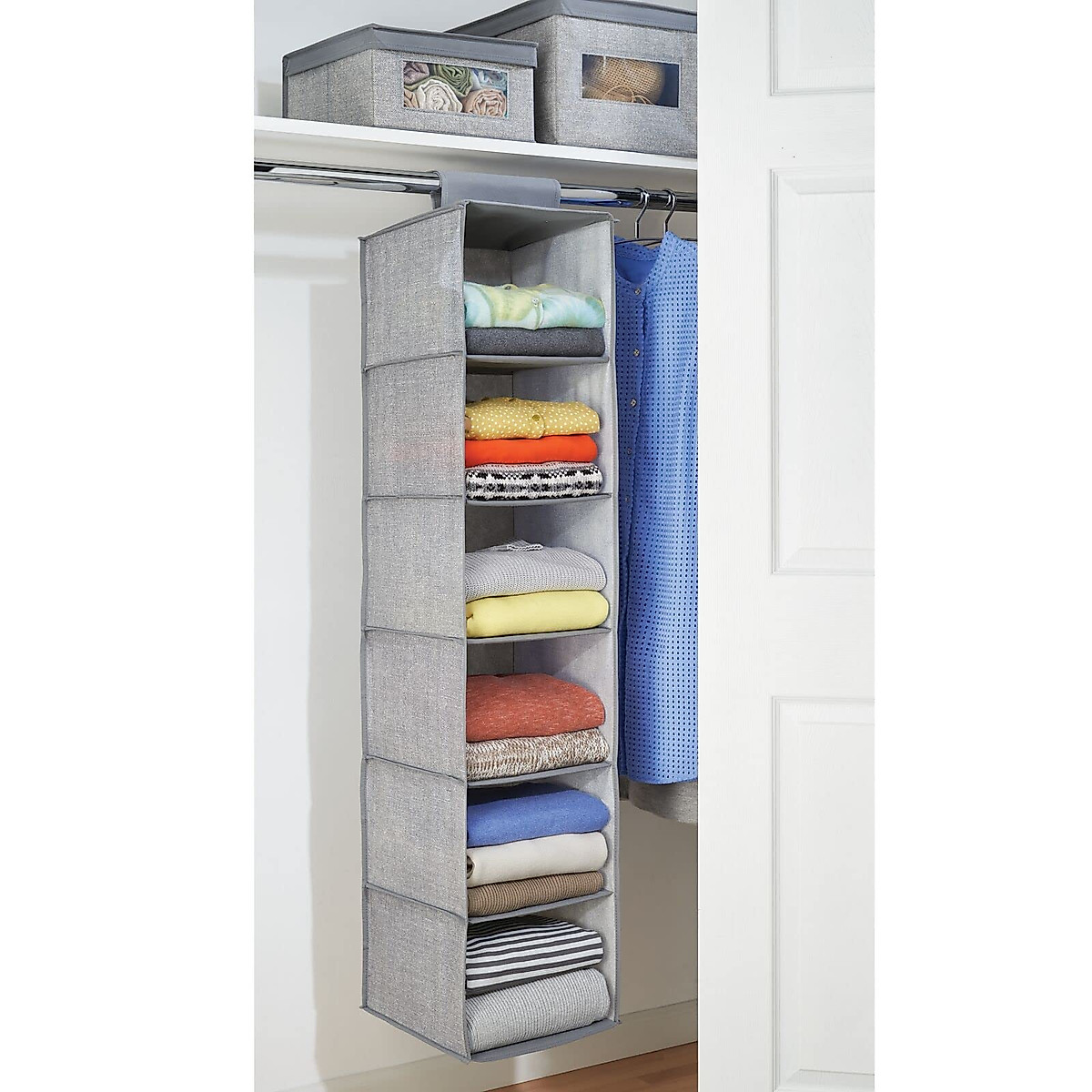 mDesign Fabric Over Rod Hanging Closet Storage Organizers, Includes a Wide 6-Shelf Sweater Organizer, and a Narrow 10-Shelf Shoe Rack - Textured Print - Set of 2 - Gray