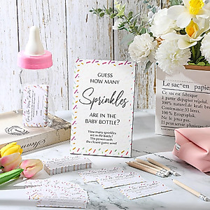 Qilery 122 Pcs Baby Shower Games Guess How Many Sprinkles Included Standing Sign 100 Guessing Cards 20 Pencils 1 Baby Bottle for Baby Shower Gender Reveal Party Favor No Sprinkles(Pink)