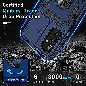Janmitta Samsung Galaxy A14 5G Case Built in Slide Camera Lens Cover and Screen Protector,Heavy Duty Shockproof Full Body Protective Phone Cover,Built in Finger Ring Stable Holder Kickstand,2023 Blue
