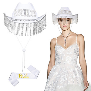 Patelai Bride Cowgirl Hat Rhinestone White Bride Cowboy Hat with Sash, Bachelorette Party Decoration, Wedding Bridal Gift(Strip Rhinestone Fringe)