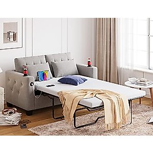 LINSY HOME Pull Out Sofa Bed, 2-in-1 Convertible Sleeper Couch with Memory Foam Mattress, Two Seat Loveseat Sleeper Sofa Bed for Living Room, Grey, Full Size