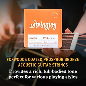 Stringjoy FW1254 Foxwoods Coated Phosphor Bronze Acoustic Guitar Strings 12-54 Light Gauge, Long-Lasting Tone, Smooth Playability, Acoustic Guitar Strings 6 String Set, Premium Guitar Accessories