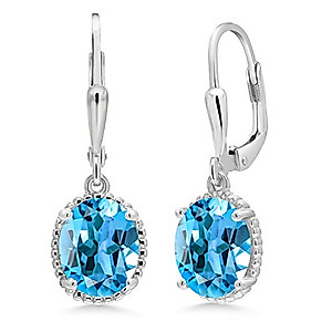 Gem Stone King 925 Sterling Silver Swiss Blue Topaz Leverback Dangle Earrings For Women (4.50 Cttw, Gemstone November Birthstone, Oval 9X7MM)