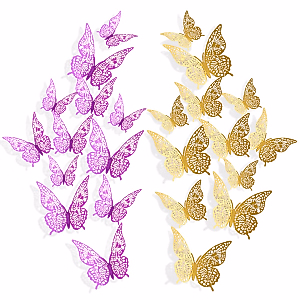 3D Purple Gold Butterfly Wall Stickers, 24 PCS 3 Sizes Butterfly Wall Decals, Removable Metallic Gold Wall Sticker Room Mural for Paper Art Party Cupcake Kids Bedroom Classroom Wedding Balloon Decors